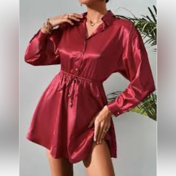 SHEIN | Dresses | Red Satin Shirt Dress With Drop Shoulder And Gold ...